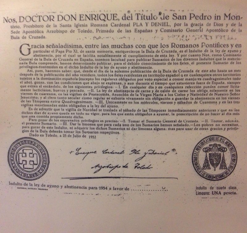 Bula Papal de Cruzada - Embutidos Entrepeñas